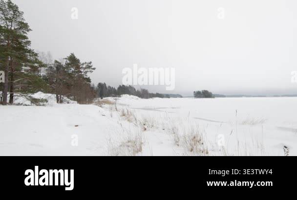 Serene, snow-covered landscape featuring a frozen body of water ...