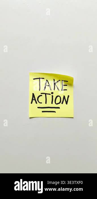 Sticky note with handwritten words take action isolated on white ...