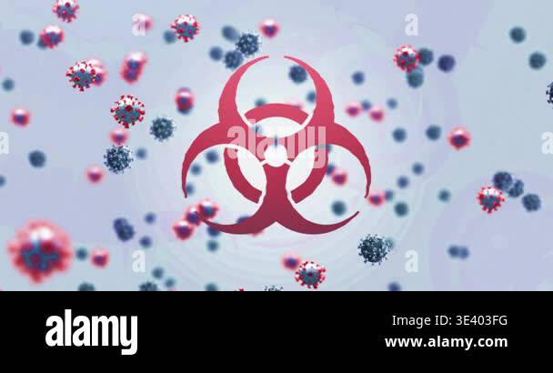 Animation of virus cells over biohazard symbol. global science and ...