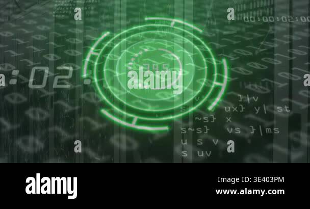 Animation of binary coding and scope scanning over server room. Global ...