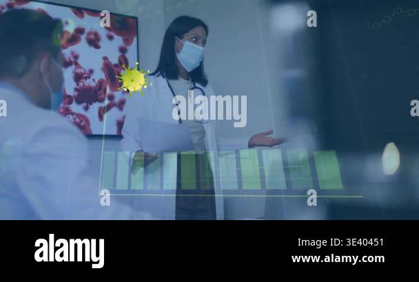Animation of yellow virus cells over female doctor in face mask and ...