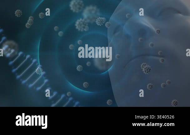 Animation of dna strand and human head over virus cells. global science ...