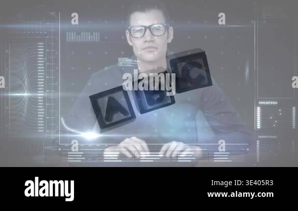 Animation of multiple graphs, database, caucasian man typing on ...