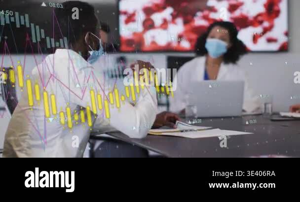 Man scanning medical documents with flickering graphs, gesturing at ...