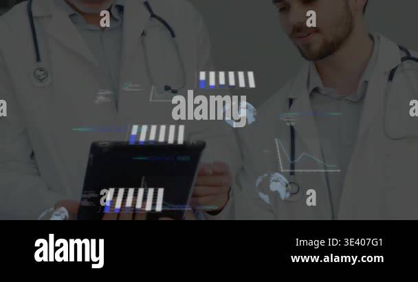 Senior doctor tapping tablet triggers 3D medical charts while colleague ...