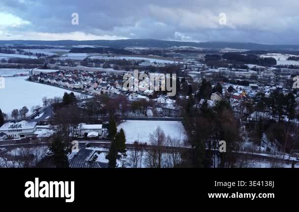 Drone footage of Winter in Munchberg, Germany, cran view Stock Video ...