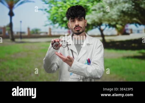 Young man in glasses and lab coat holds optometry equipment outdoors in ...