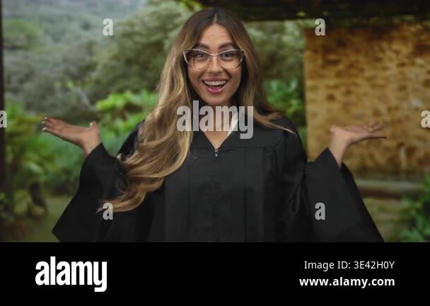 Woman judge face with glasses and robe smiles with closed eyes in ...
