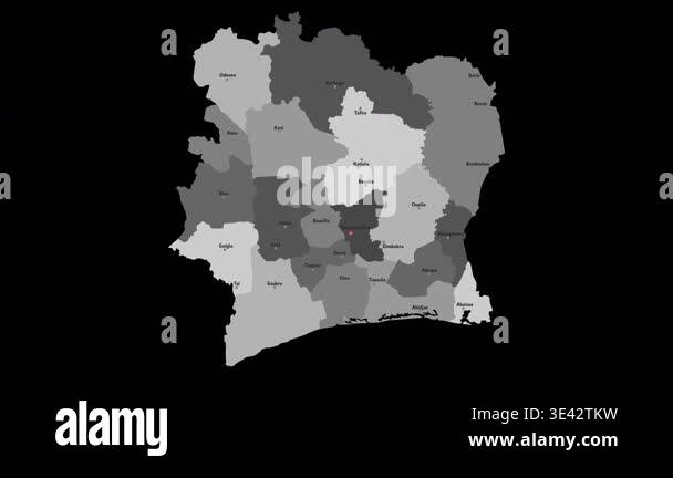 Vector map of Ivory Coast with names of cities and with borders city ...