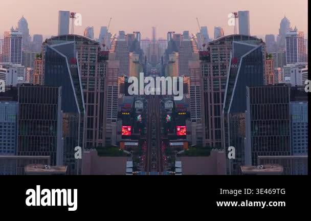 Symmetrical city with mirror effect showcasing urban canyon with moving ...
