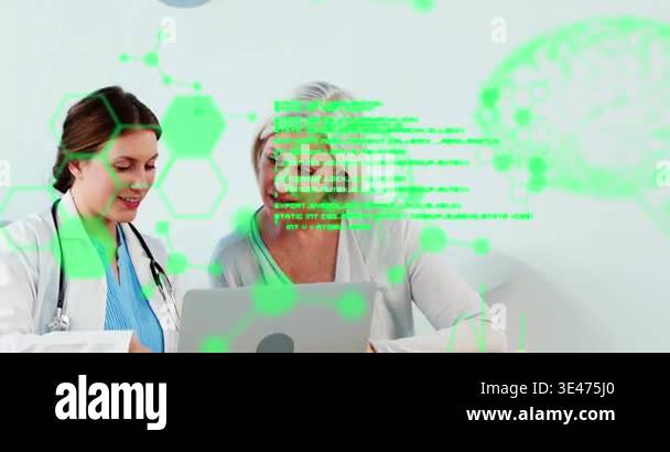 Animation of data processing over caucasian female doctor discussing ...