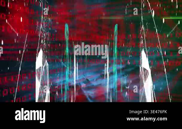 Animation of binary code, shapes and connections on blue and black ...