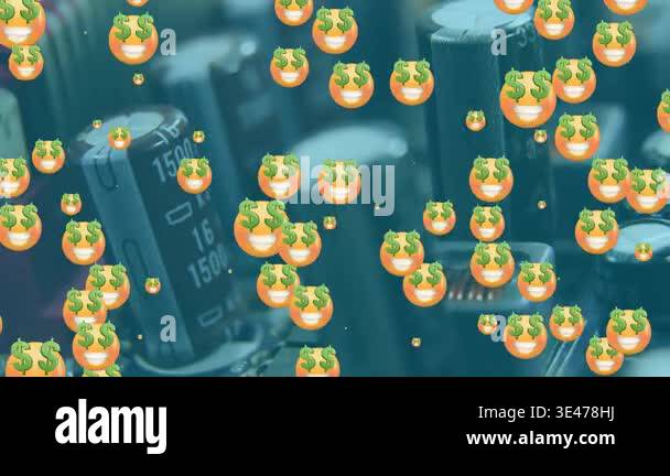 Animation of emoji icons over computer circuit board. global social ...