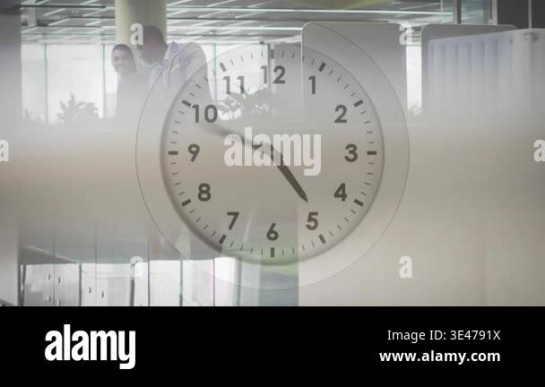 Animation of clock with fast moving hands over happy diverse male and ...