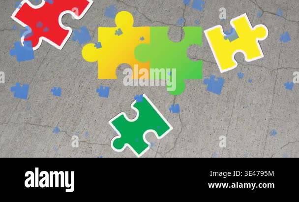 Animations of falling colorful puzzle pieces over grey background ...