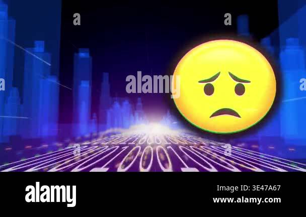 Animation of emoji icon and binary coding over digital city. social ...