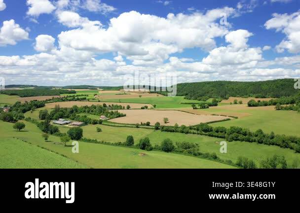 Aerial view of the French countryside with patchwork fields, green ...