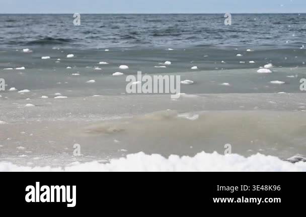 Cold gray sea with scattered floating ice chunks, frozen shallow water ...