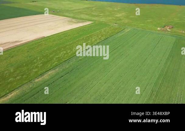 Aerial view of lush green fields on the Normandy coast with the blue ...