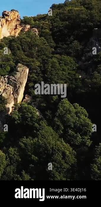 Aerial view of dramatic rock formations rising above dense green forest ...
