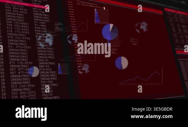 Animation of computer code with data visualization graphs on red ...