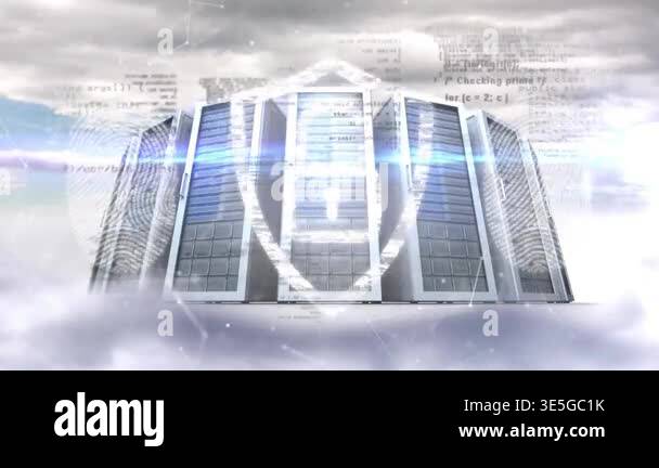 Animation of padlock icon and data processing over computer servers ...