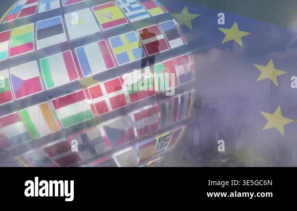 Man stepping onto rotating educational flag sphere, walking as EU stars ...