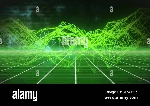 Upon grid activation 3D neon mesh peaks growing shifting into V-shaped ...