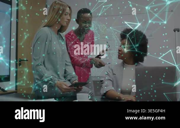 Collaborating at office, diverse businesswomen using animation for ...