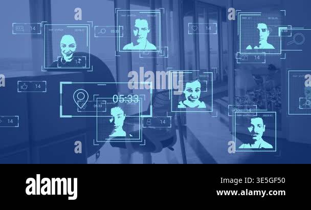 Animation of biometric photos and data processing over work station in ...