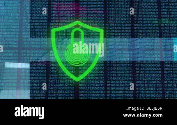Animation of security padlock icon over binary coding data processing against blue background ...