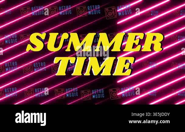 Animation of summer time over neon lines moving over dark background ...