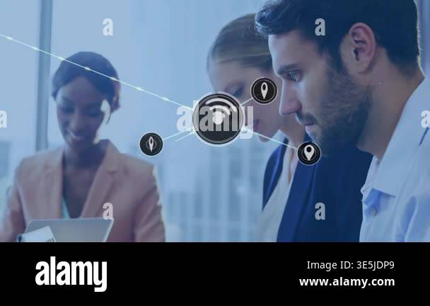 Network of connections and data processing animation over diverse ...