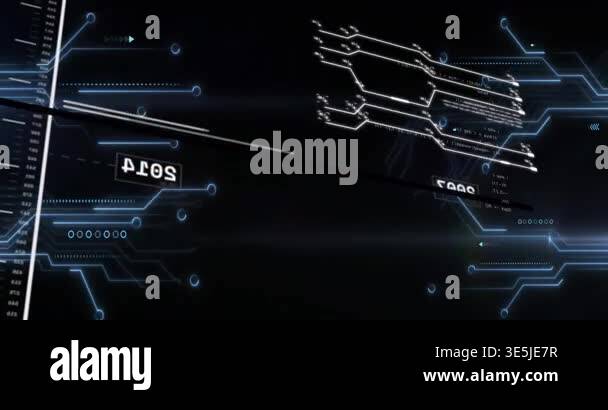 Animation of numbers, flying lens flare, circuit board and computer ...
