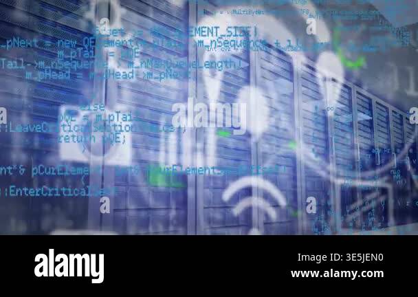 The video depicts a computer server room with various wifi and internet ...
