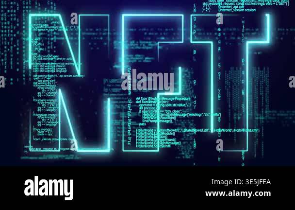 Animation of lines forming nft text over computer language against ...