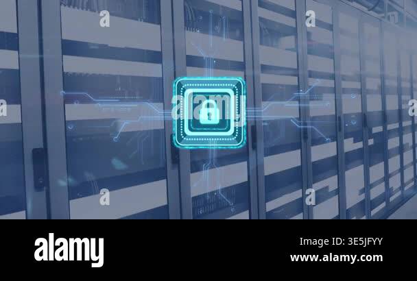 Animation of digital data processing, padlock icon, circuit board and ...