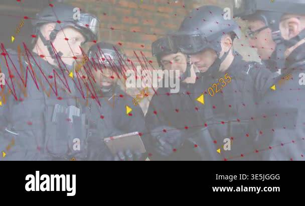 Tactical officers gathering as officer swiping tablet showing red ...
