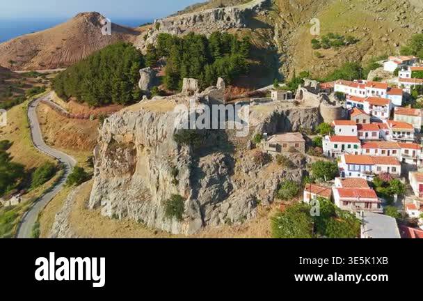 Aerial view of Chora on Samothraki island, Greece, the traditional ...