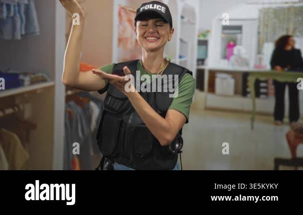 Blonde woman police officer smiling, palm up gesture presenting forearm ...