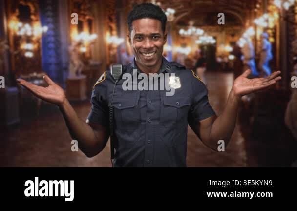 Man police in uniform with radio microphone, palms up shrug gesture ...
