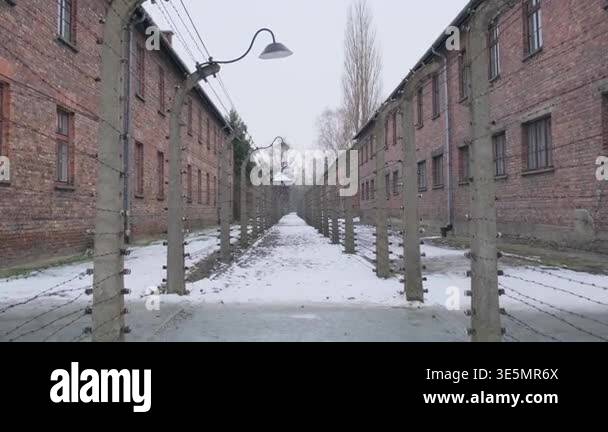 Auschwitz-birkenau concentration camp in poland with snow on a cold ...