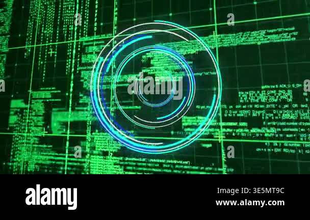 Animation of illuminated circles over grid pattern against computer ...