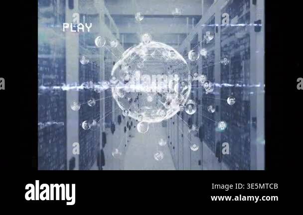 Animation of globe and data processing over play vhs. Science human ...