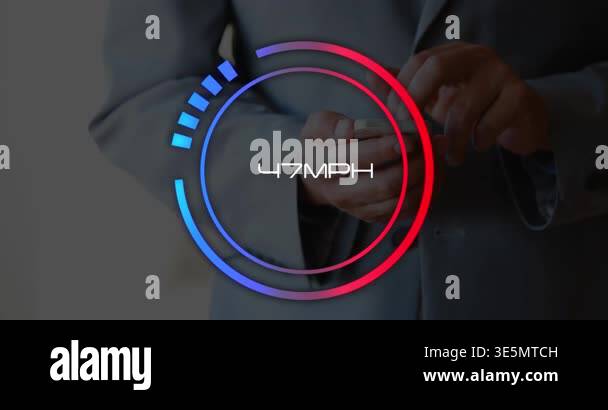 Animation of speedometer over hands of caucasisn man using smartphone ...