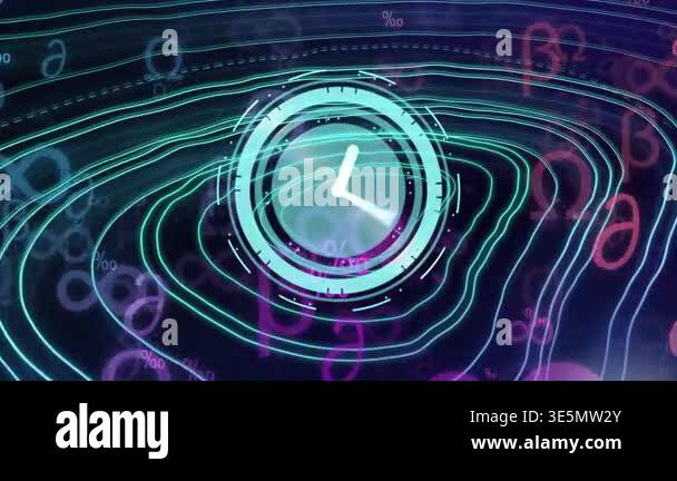 Animation of clock ticking over symbols and lines on dark background ...
