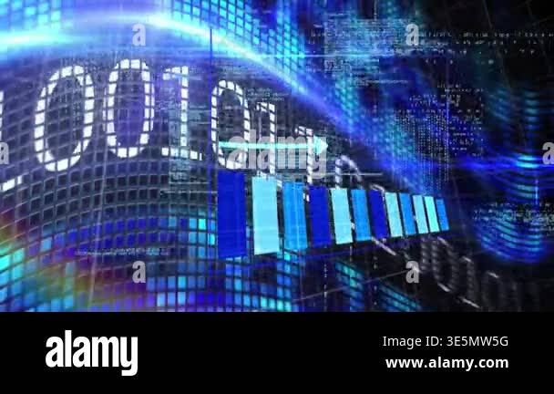 Animation of graph over binary code on digital display. Data processing ...