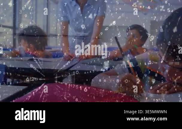 Binary coding data processing against mid section of caucasian female teacher in class at school ...