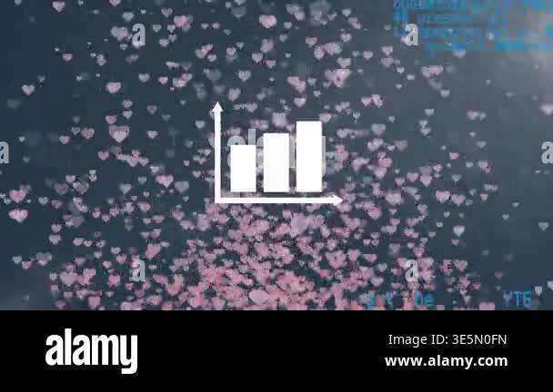 Animation of graph over floating hearts and computer code on navy ...