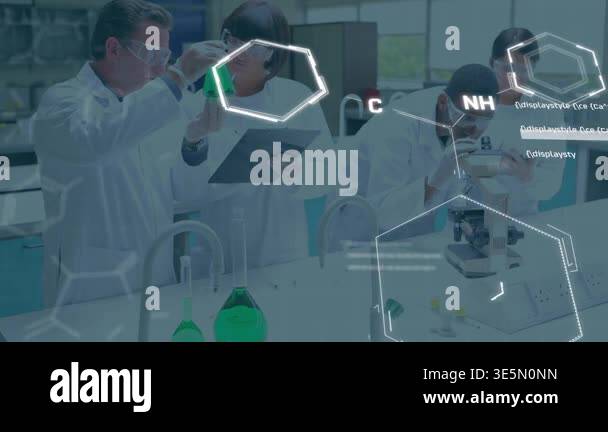Animation of chemical formulas over diverse female and male lab workers ...